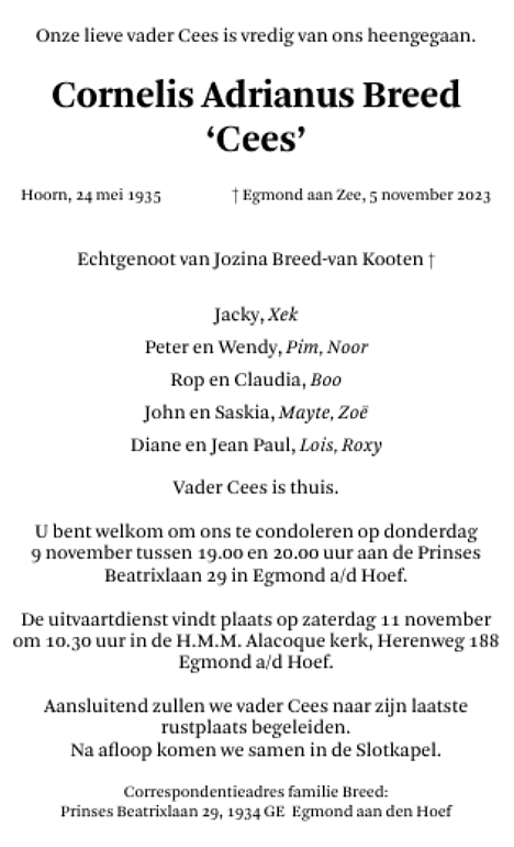 IN MEMORIAM Cees Breed 1935 – 2023 | VV Egmond